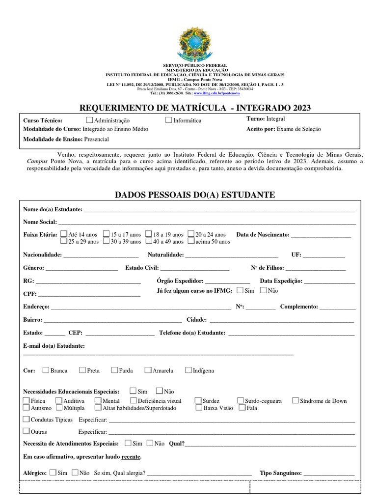 Formulario de Requerimento de Matricula e Termo de Compromisso | PDF ...