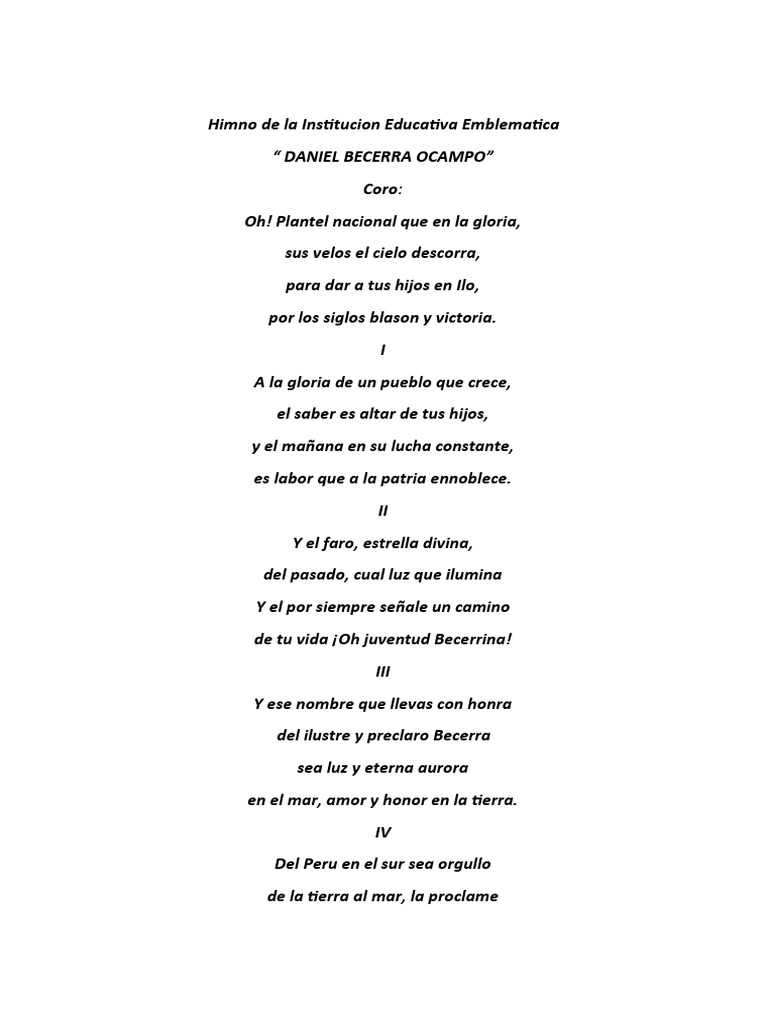 Himno de La Institucion Educativa Emblematica | PDF