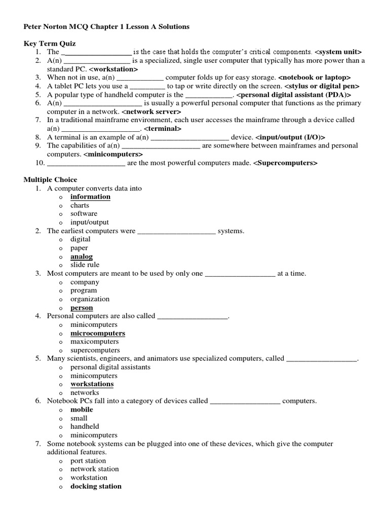 Peter Norton's Introduction To Computer - MCQs | PDF | Computer Monitor | Personal Computers