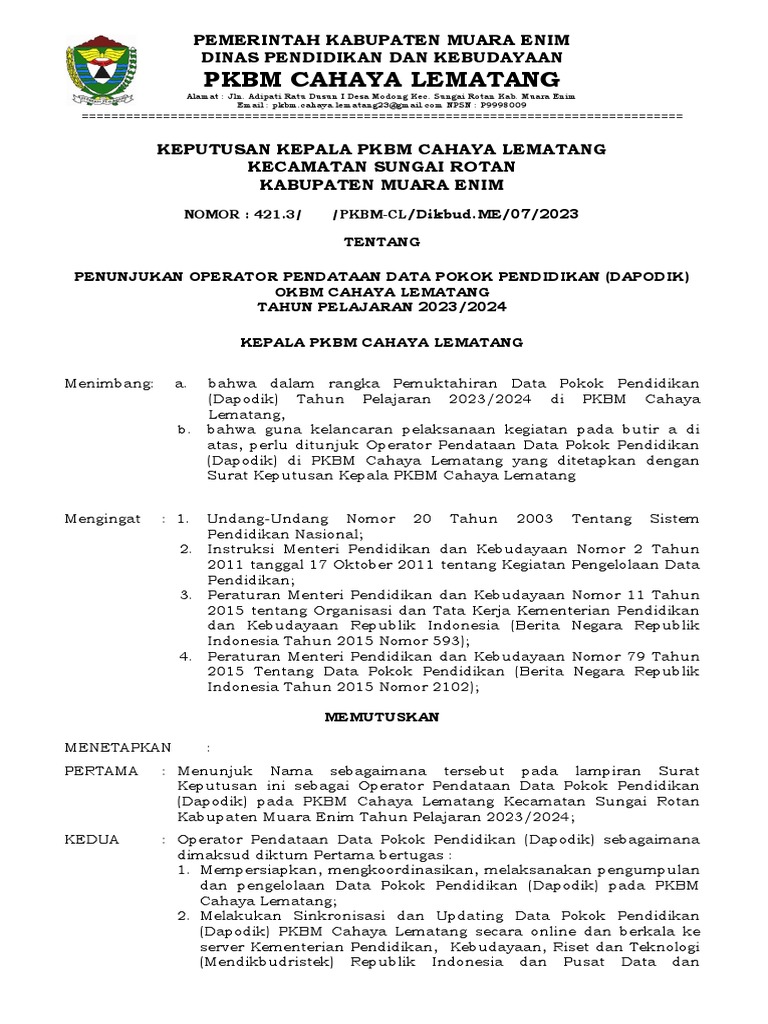 FORMAT SK Operator Dapodik 2022 PKBM Versi Baru | PDF