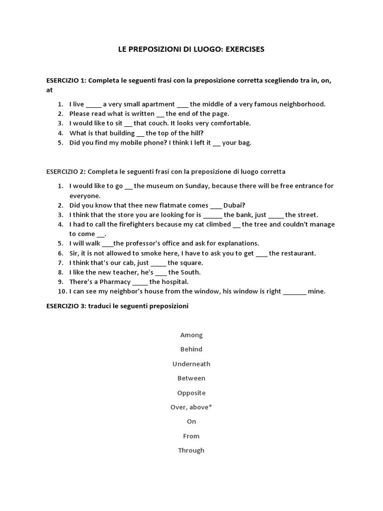 Preposizioni Di Luogo in Inglese Esercizi PDF | PDF