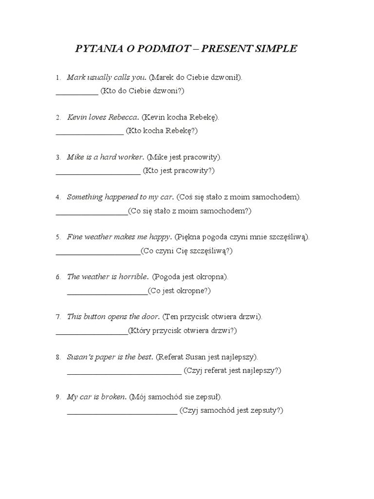 PYTANIA O PODMIOT - Present Simple | PDF