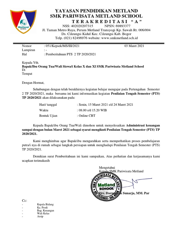 051 Surat Pemberitahuan PTS | PDF