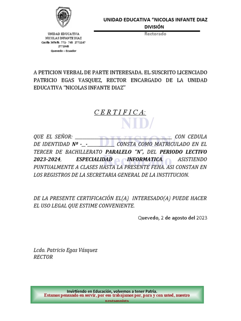 Modelo de Certificado de Asistencia de Estudiante 2023 | PDF