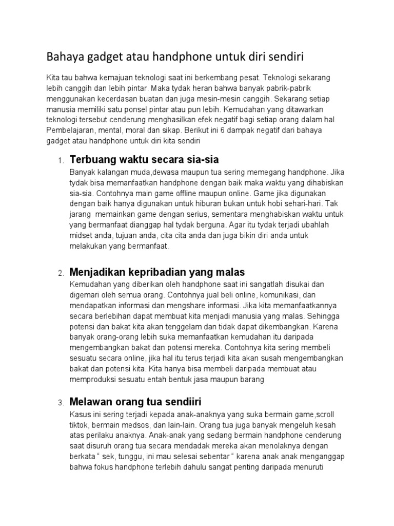 Bahaya Gadget Atau Handphone Untuk Diri Sendiri | PDF