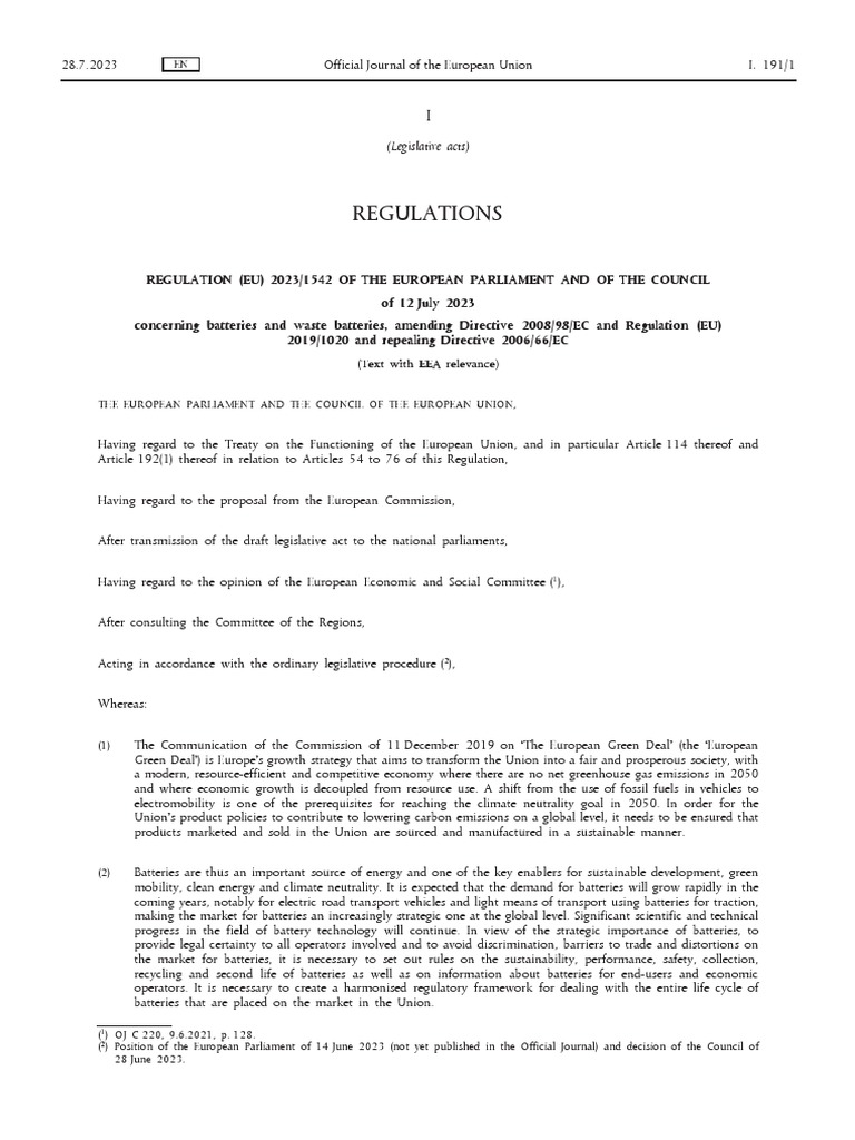 Overview of EU Regulation 2023/1542 | PDF | Rechargeable Battery ...