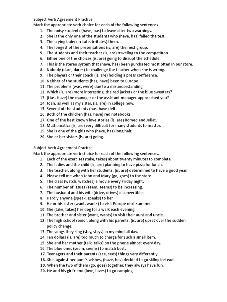 Subject-Verb Agreement Exercises | PDF
