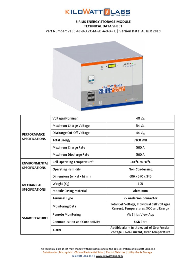 Kilowatt Labs Sirius-Technical Data Sheet-7100-48-B-3.2C-M-SD-A-X-X-FL - v082019 | PDF | Solar ...