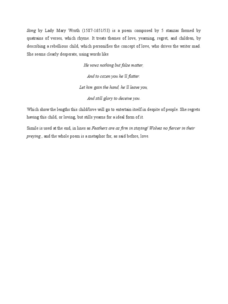 Song by Lady Mary Wroth Analysis | PDF