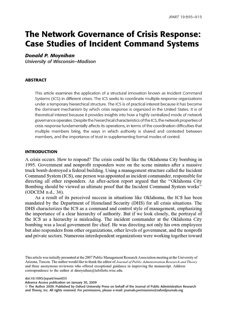 The Network Governance of Crisis Response: Case Studies of Incident Command Systems | PDF ...