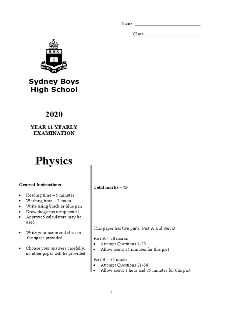 Sydney Boys 2020 Physics Prelim Yearly & Solutions | PDF | Force | Waves