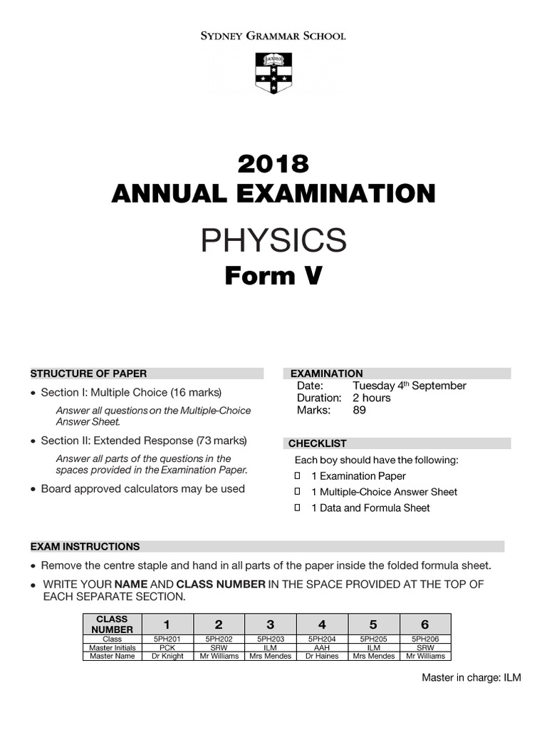 Sydney Grammar 2018 Physics Prelim Yearly & Solutions | PDF | Waves | Wavelength