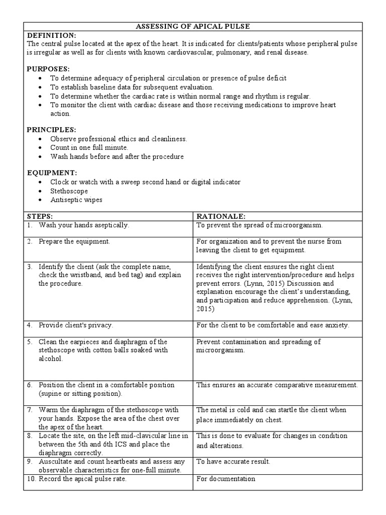 Assessing of Apical Pulse | PDF | Pulse | Heart