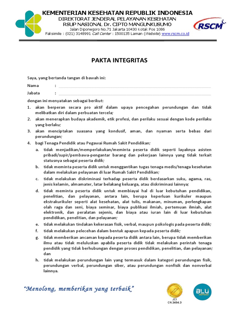 Pakta Integritas RSCM | PDF