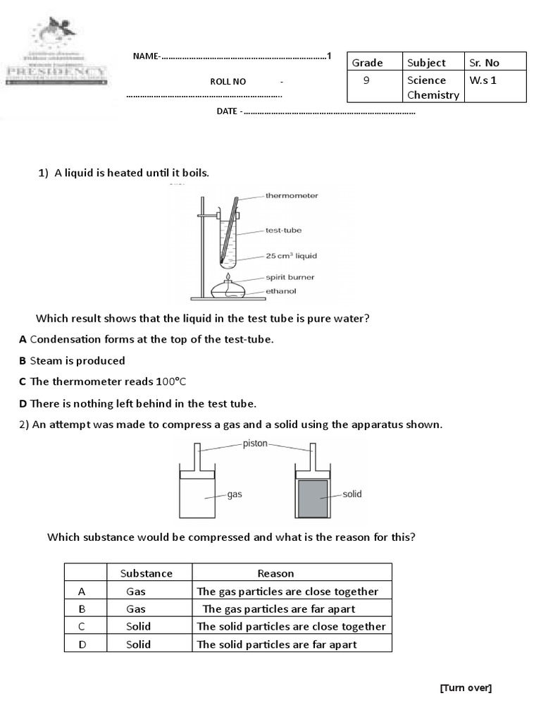 Class 9 Chemistry Worksheet Final | PDF | Gases | Liquids