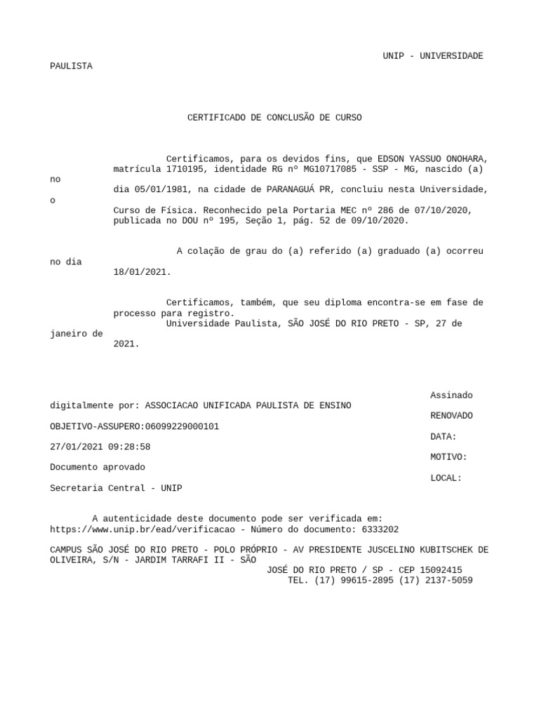 Certificado de Conclusão de Curso UNIP | PDF