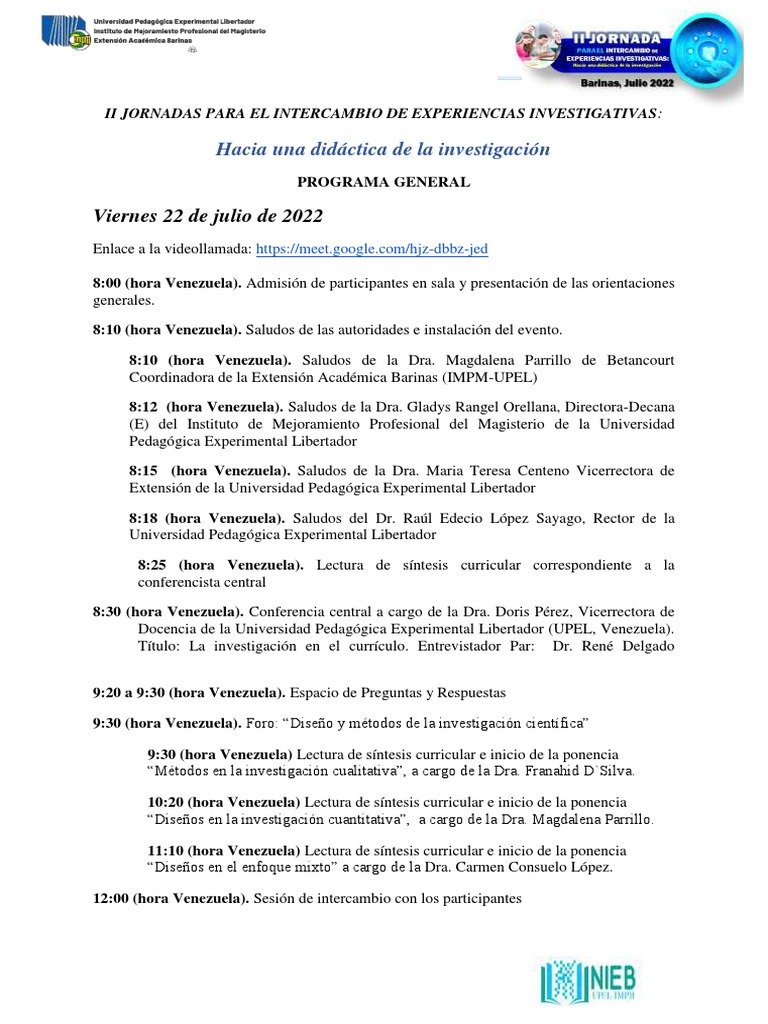 PROGRAMA_ II JORNADA PARA EL INTERCAMBIO DE EXPERIENCIAS INVESTIGATIVAS_ Hacia una didáctica de ...