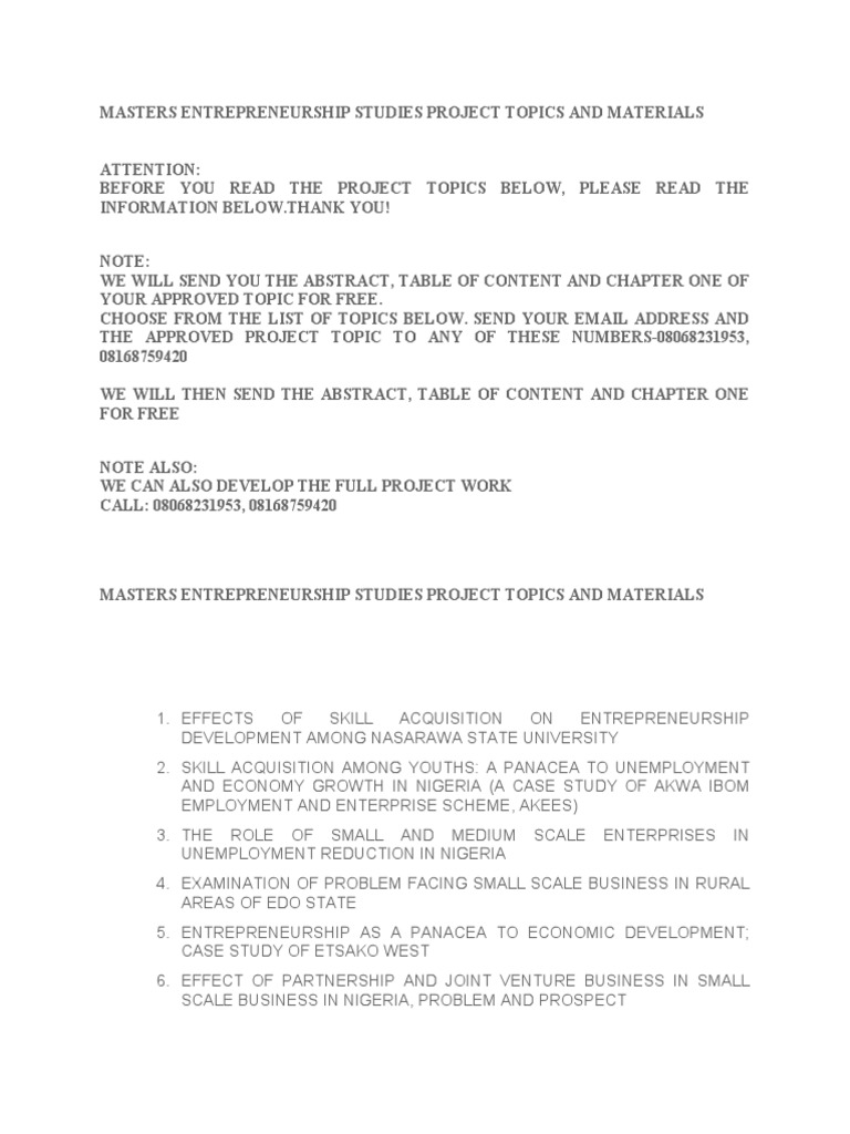 Masters Entrepreneurship Studies Project Topics and Materials | PDF ...