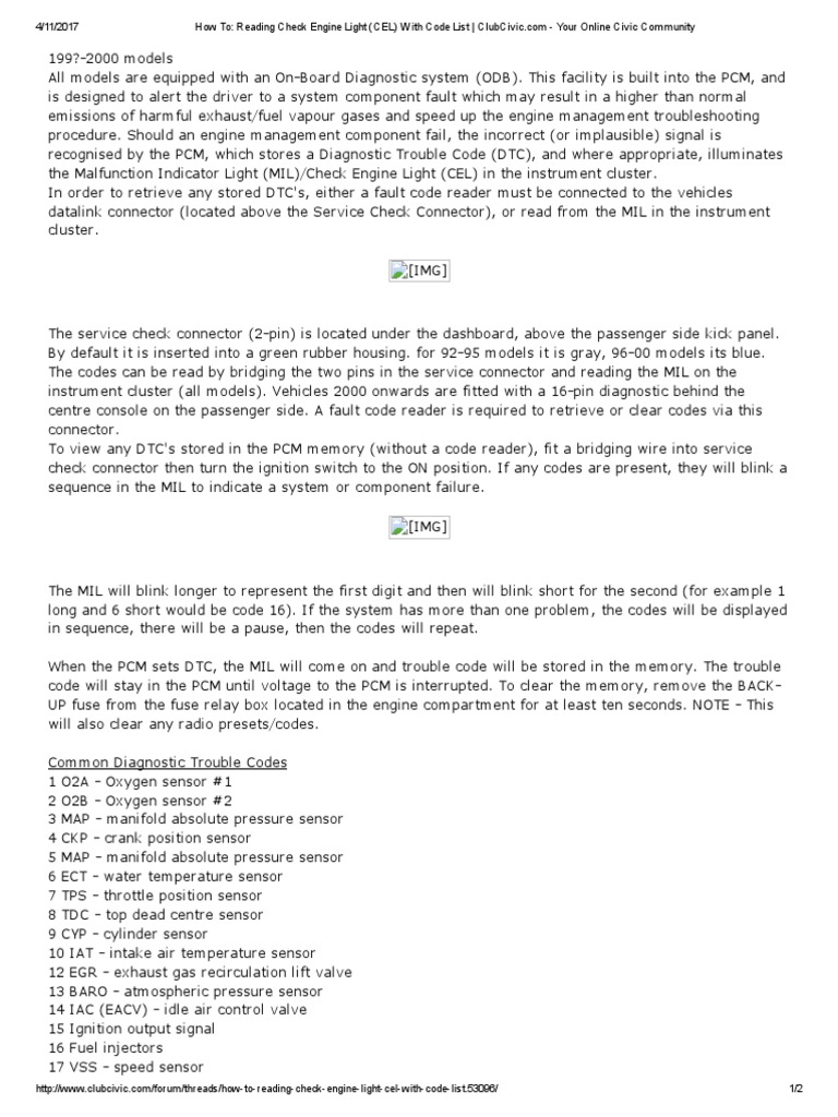 How To - Reading Check Engine Light (CEL) With Code List - ClubCivic ...