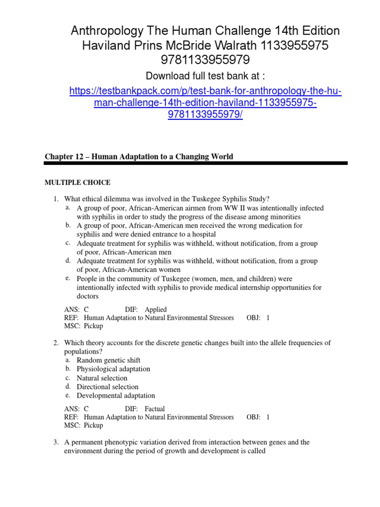 Anthropology the Human Challenge 14th Edition Haviland Test Bank ...