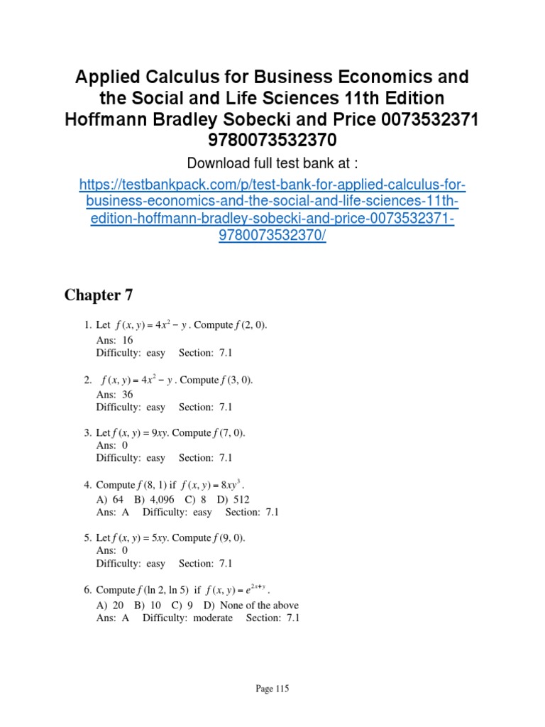 Applied Calculus For Business Economics and The Social and Life Sciences 11th Edition Hoffmann ...