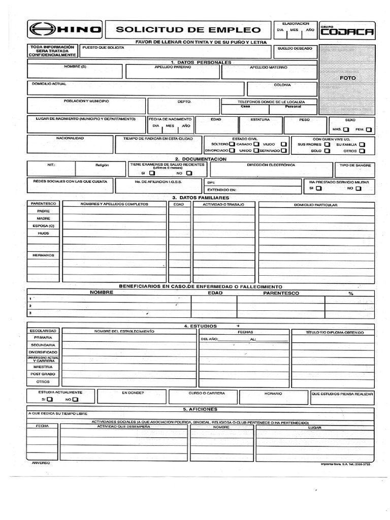 Solicitud Empleo - Grupo Codaca | PDF