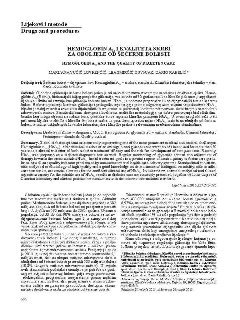 Hemoglobin A1c I Kvaliteta Skrbi Za Oboljele Od Secerne Bolesti | PDF