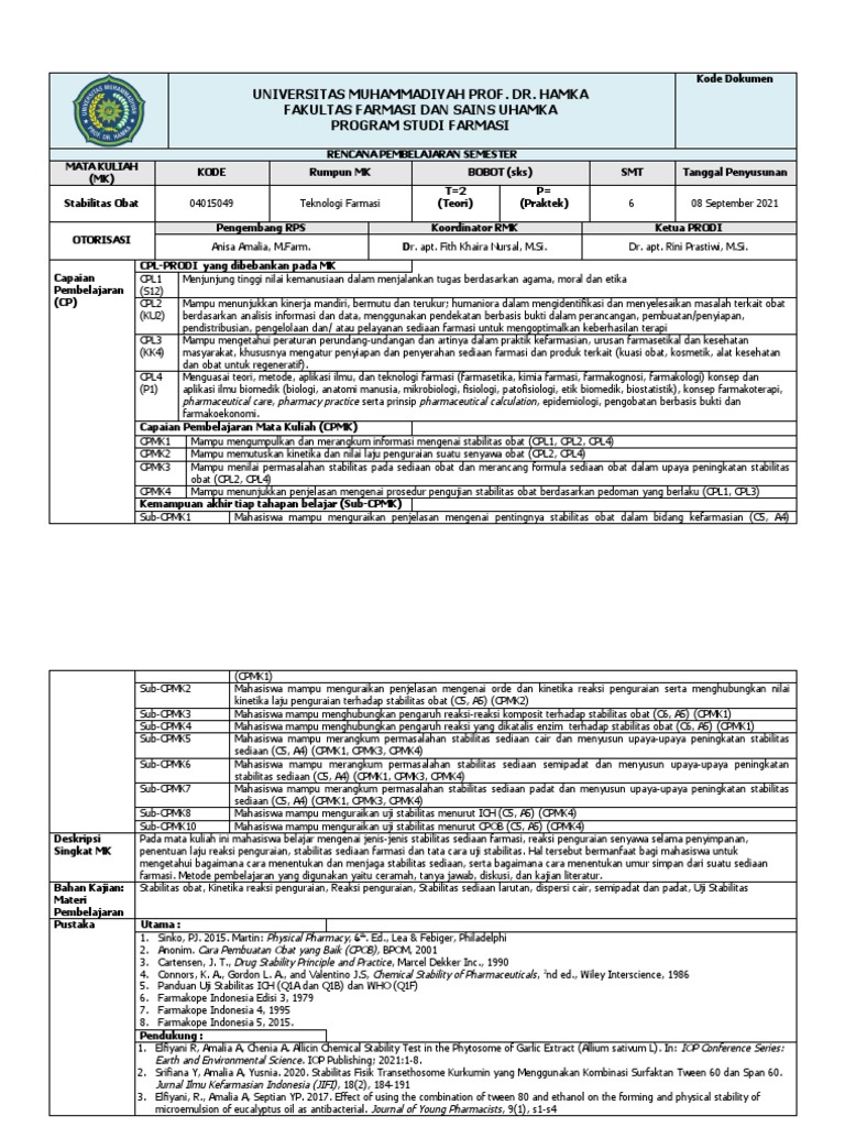 RPS Dan RTM - 2021 - TekFar - Stabilitas Obat | PDF