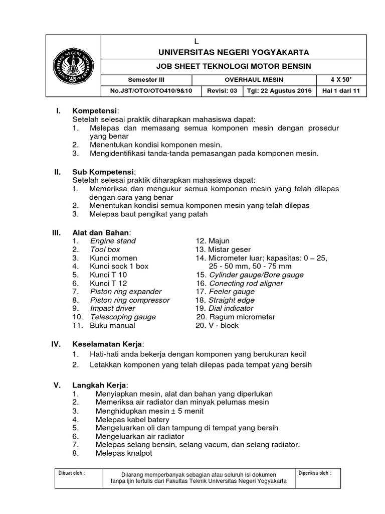 Jobsheet TMB 9 10 Overhaul Mesin | PDF