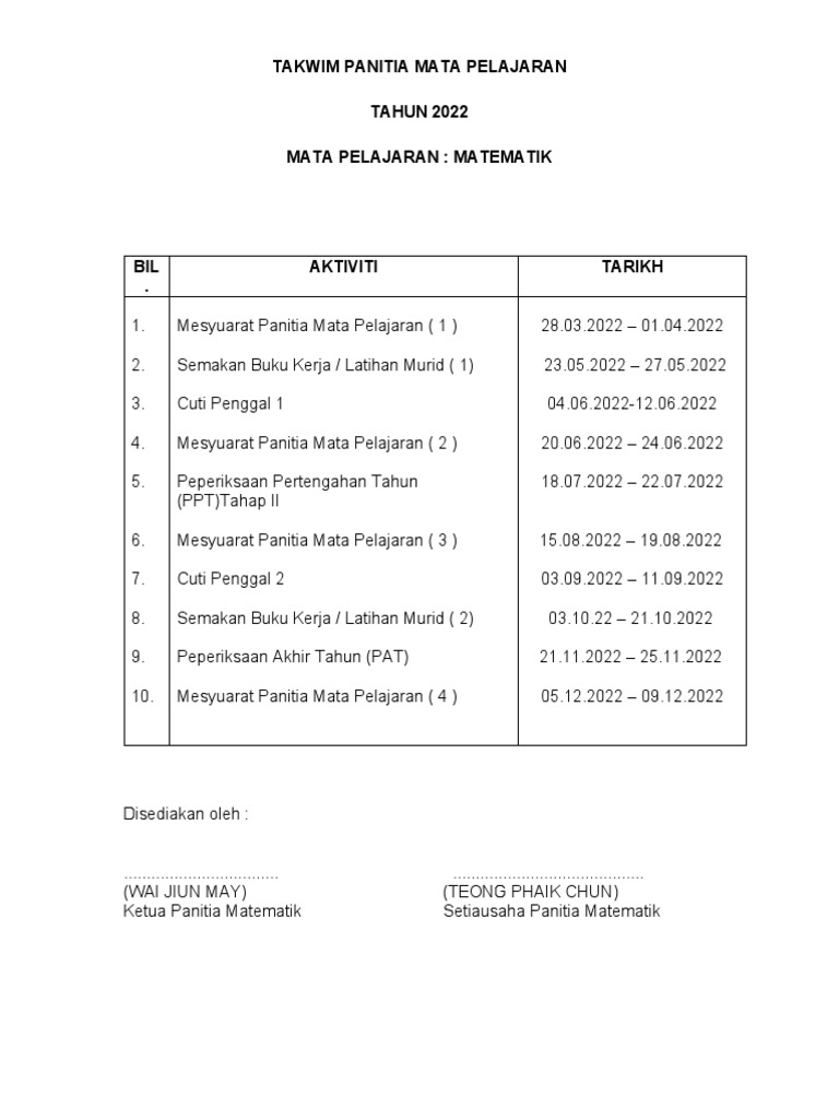 Takwim Panitia Mata Pelajaran MT | PDF