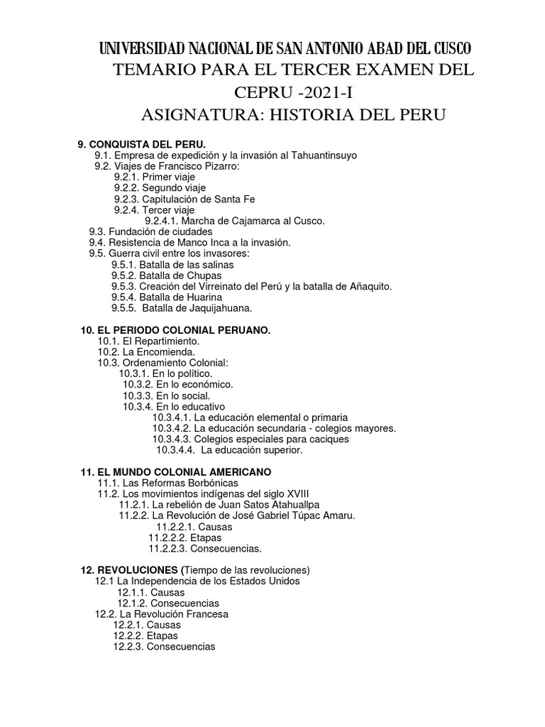 Temario de Hitoria Del Peru para El Tercer Examen Cepru-2020-I | PDF | Viajes y turismo | Historia