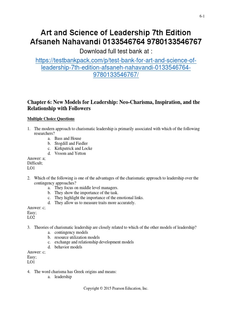 Art and Science of Leadership 7th Edition Afsaneh Nahavandi Test Bank ...