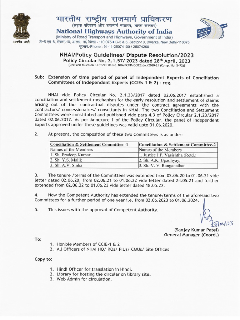 NHAI Circular 2.1.57 (Expert For Conciliation (28.04.23) | PDF