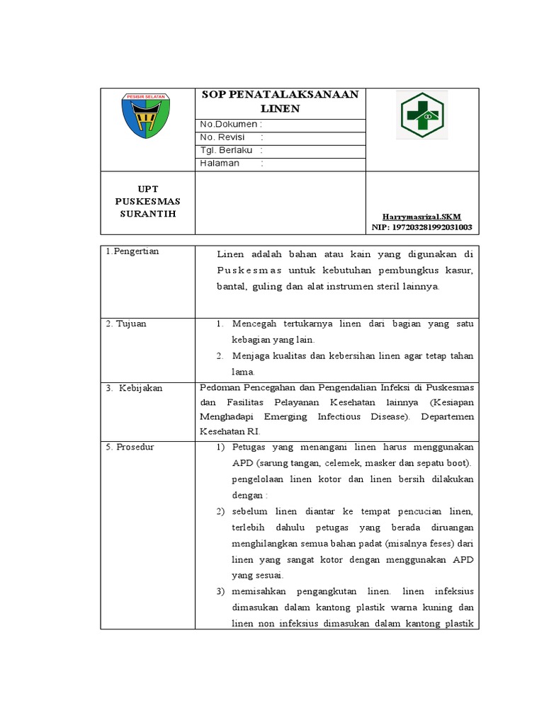 Sop Penatalaksanaan Linen | PDF