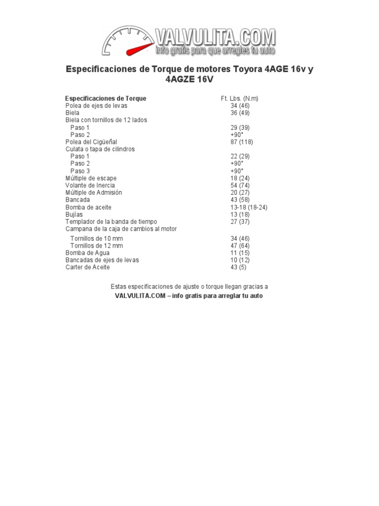 Especificaciones de Torque Motores Toyota 4age 16v y 4agze 16v | PDF