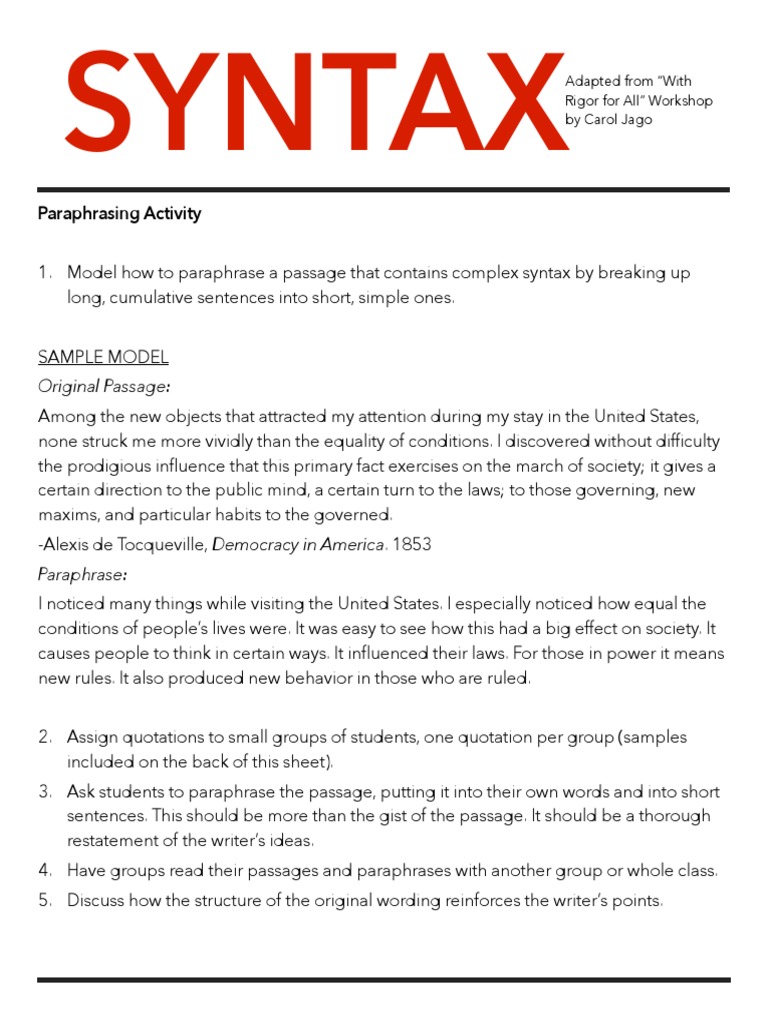 Syntax Exercises For Paraphrasing and Combining | PDF | Sentence ... Syntax Exercises For Paraphrasing and Combining | PDF | Sentence ...