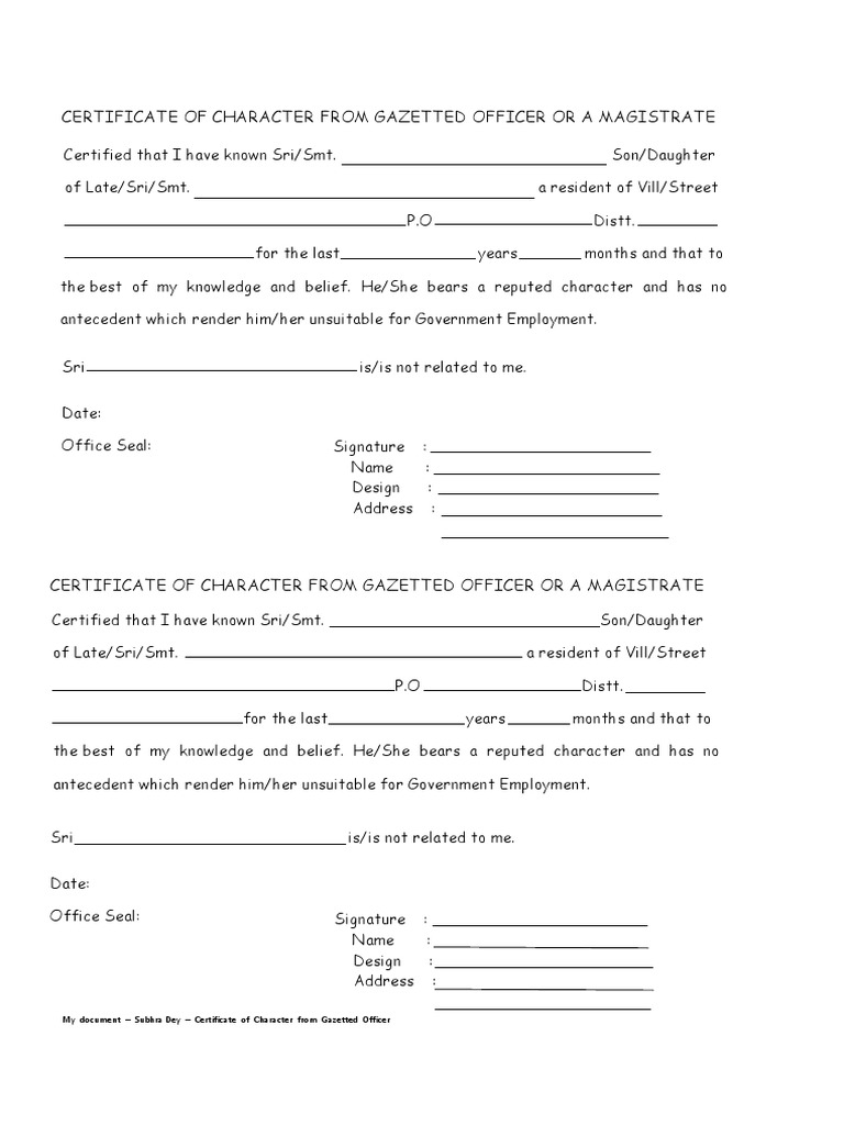 Character Certificate of Gazetted Officer | PDF