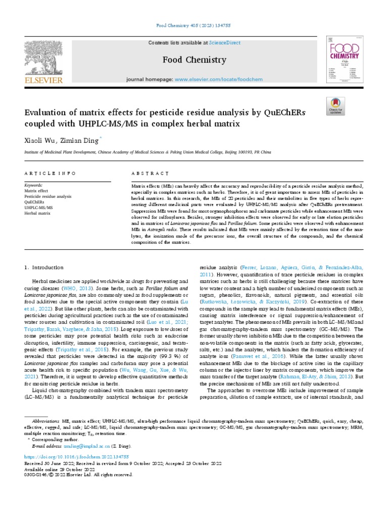 Matrix Effects Pesticide QuEChERS UHPLC - MSMS Herbal Matrix 2023 | PDF | Liquid Chromatography ...