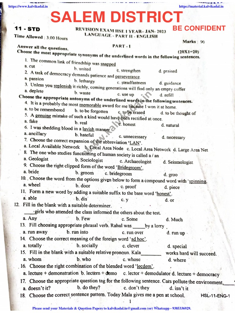 +1 Eng - Salem Question & Answer Key | PDF | Poetry