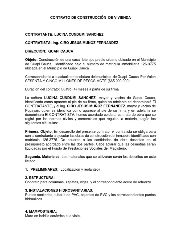 Contrato de Construcción de Vivienda Lucina Cundumi | PDF | Ingeniería ...