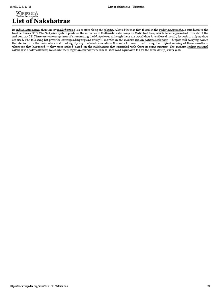 Comprehensive List of Nakshatras | PDF