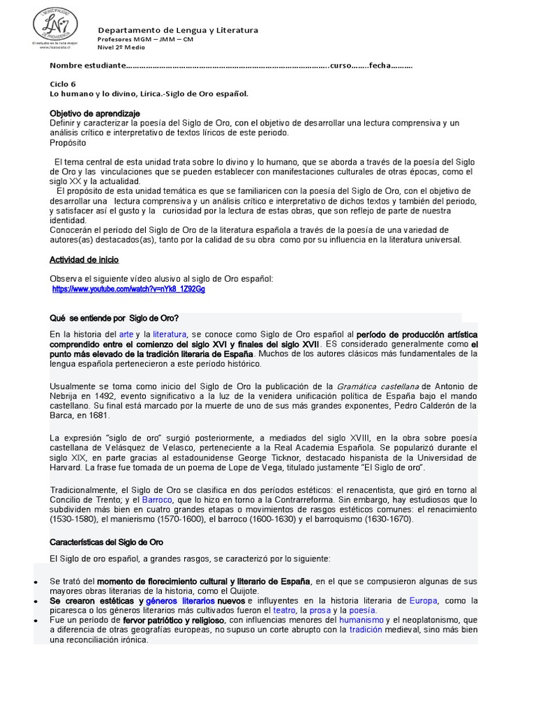 Guía de Aprendizaje 02 - Siglo de Oro Español | PDF | Historia | Clásicos