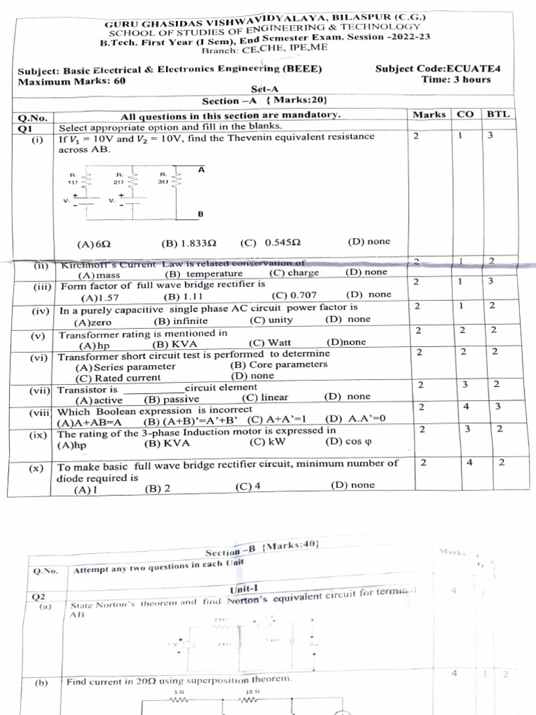 End Semester Exam BEEE Question Paper 2022-23 | PDF | Electrical Network | Resonance