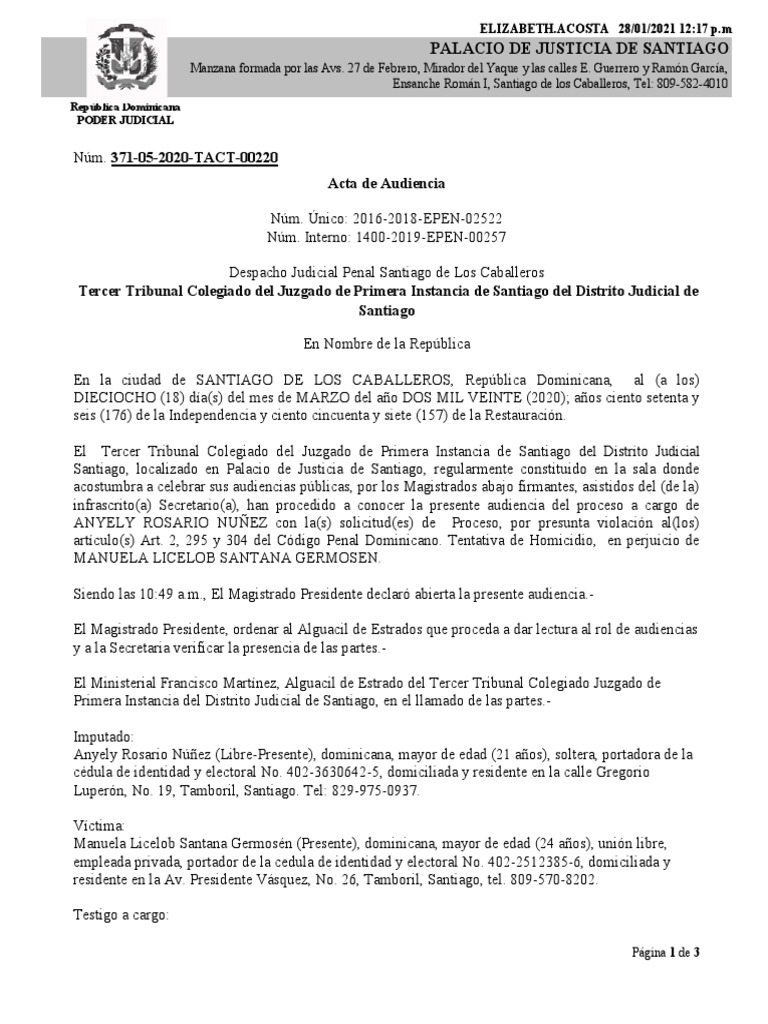 Acta de Audiencia 371-05-2020-TACT-00220 ANYELY ROSARIO NUÑEZ | PDF ...