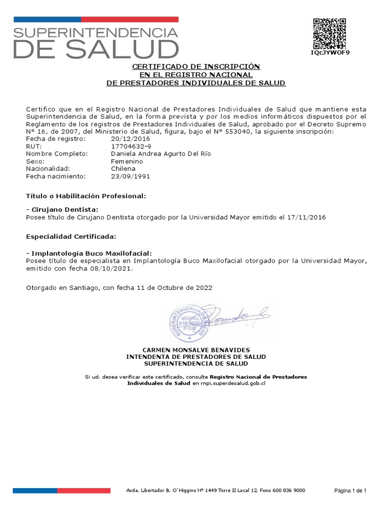 Certificado Doc Daniela Andrea Agurto Del Río | PDF