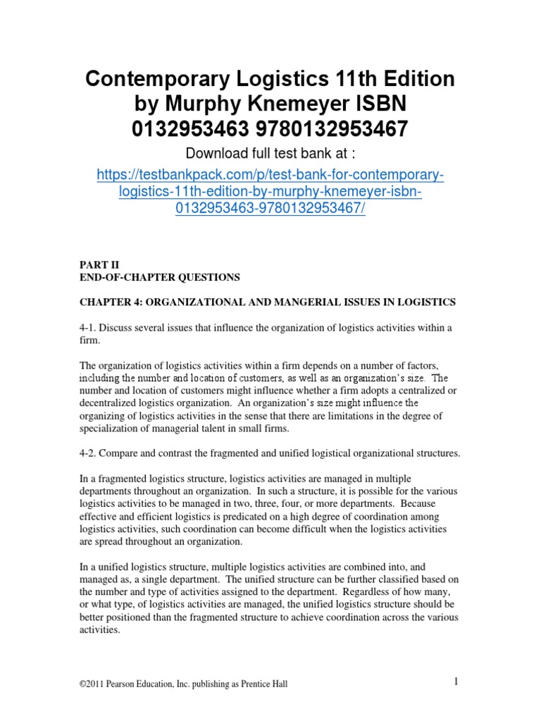Contemporary Logistics 11th Edition Murphy Test Bank 1 | PDF