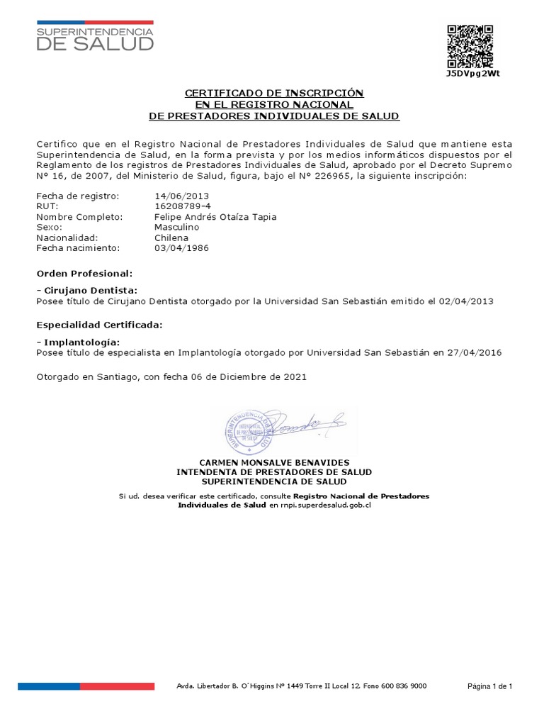 Certificado Doc Felipe Andrés Otaíza Tapia | PDF