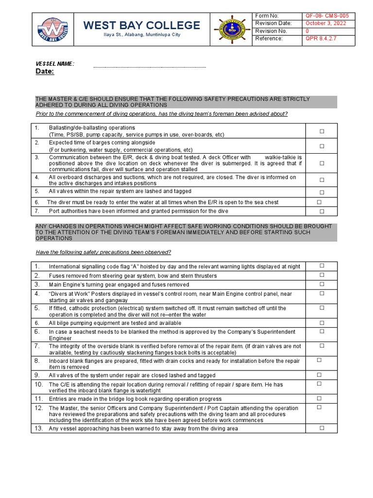 Diving Operations Safety Checklist | PDF | Scuba Diving | Underwater Diving