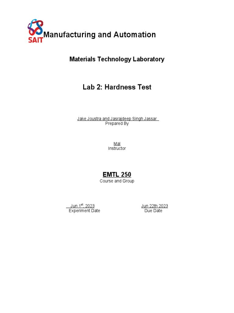 EMTL 250 Lab 2 - Hardness Lab | PDF | Hardness | Ultimate Tensile Strength