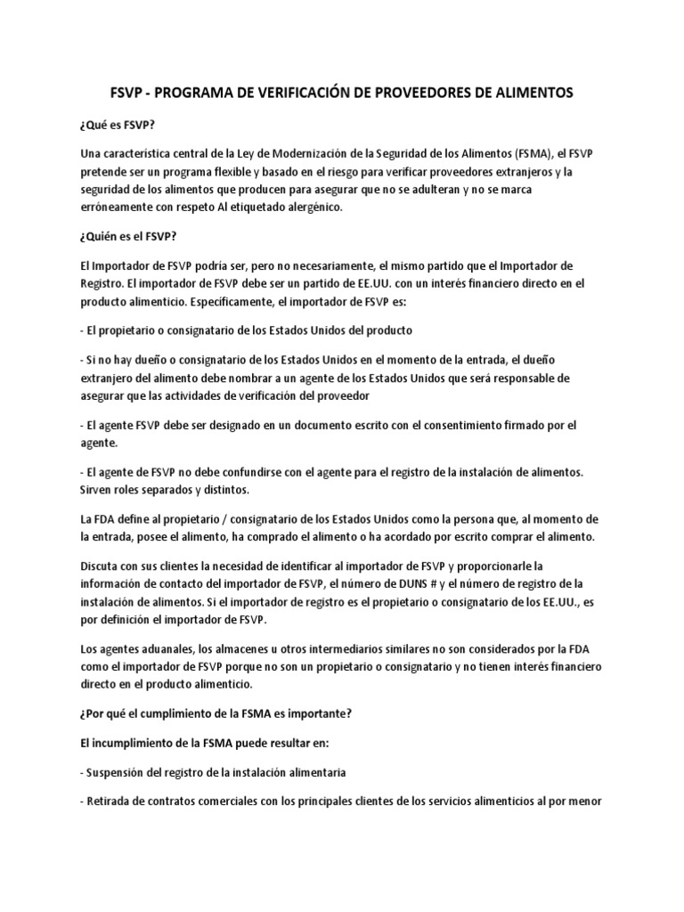 FSVP Informacion en Espanol | PDF | Alimentos | Comida y bebida